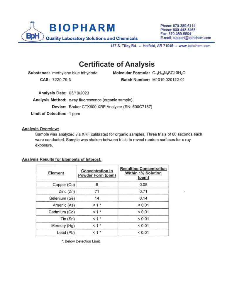 Methylene Blue, USP Grade, 1% (w/v) - Biopharm, Inc. Methylene Blue, USP Grade, 1% (w/v) - Biopharm, Inc.